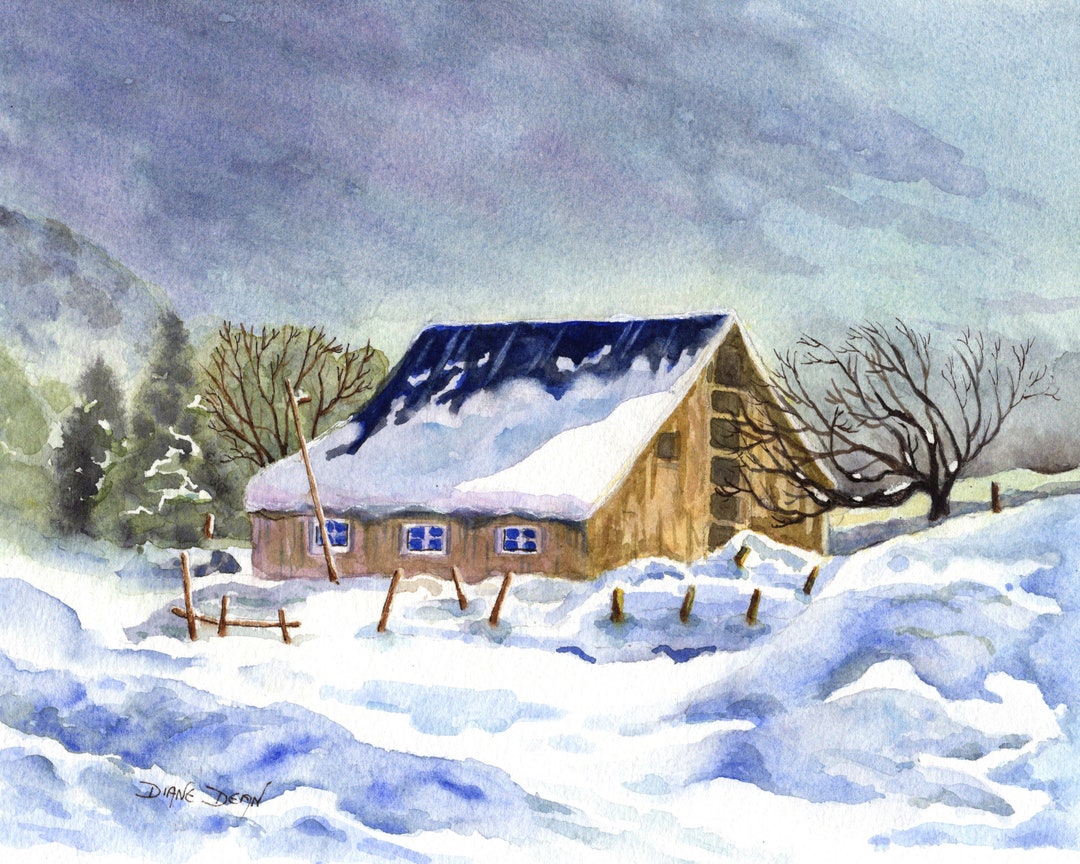 Watercolor Barn Snow Scene Print, Watercolor Snow Landscape, Old Barn ...