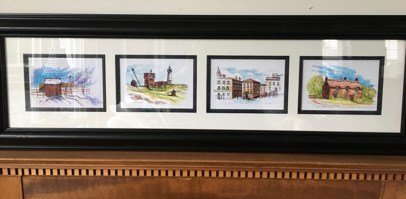 Watercolor Print of Cityscape Houses, Incudes White Mat, Pen and Wash ...