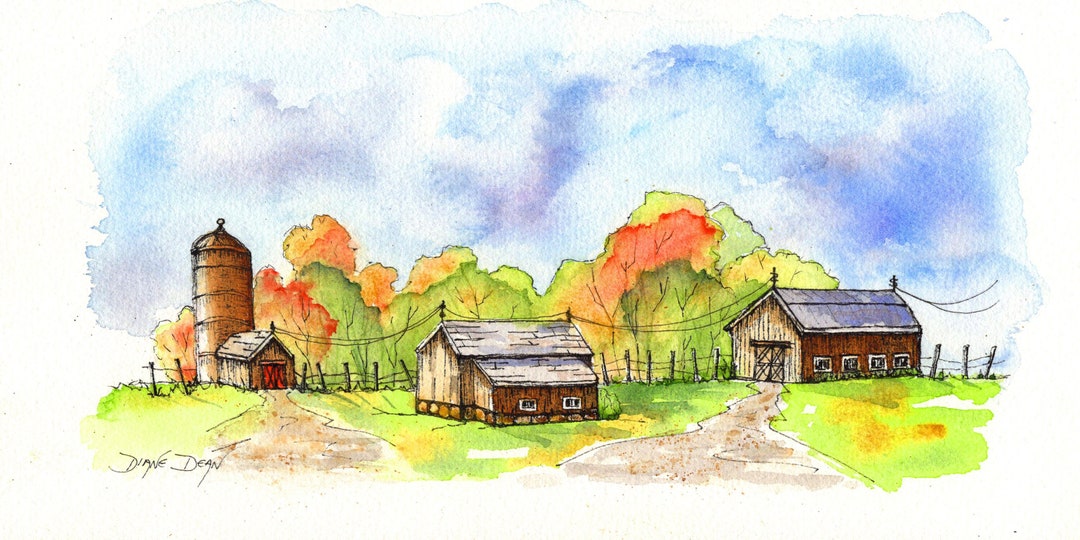 Watercolor Farm Art Print: Autumn Landscape Painting - Etsy