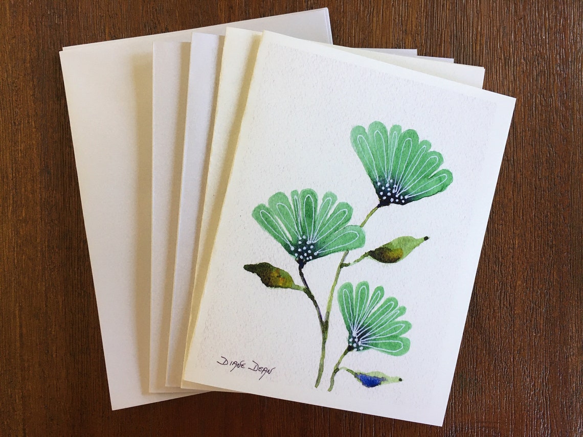 Watercolor Print Greeting Card Set With Flowers in Turquoise. 5 Cards ...