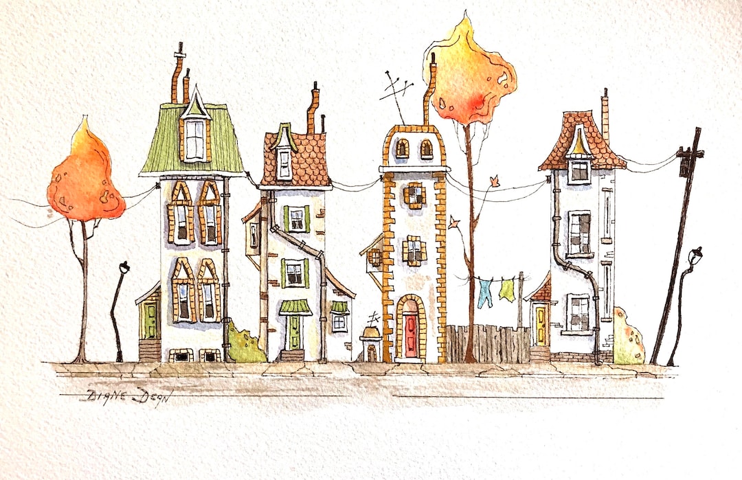Original Watercolor Cityscape, Whimsical Houses Painting, Line and Wash ...