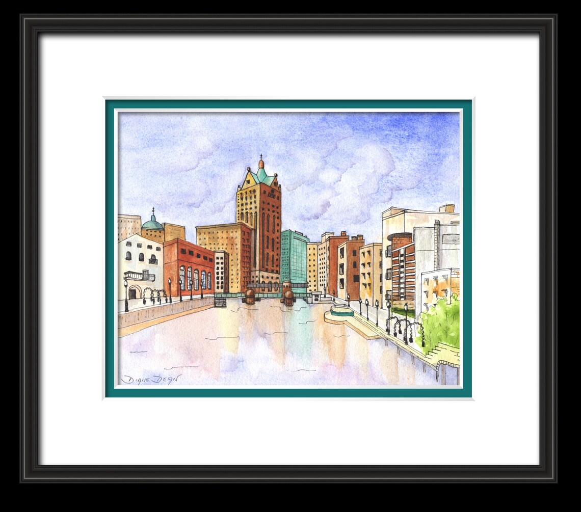 Milwaukee Riverwalk Art Print: Ink & Watercolor Cityscape - Etsy