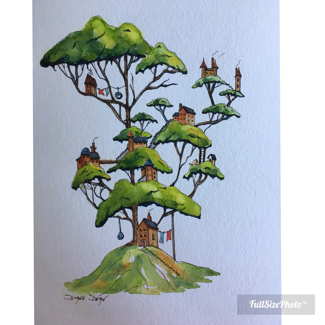 Watercolor Treehouse, Children’s Art, Nursery Artwork, Whimsical Art ...