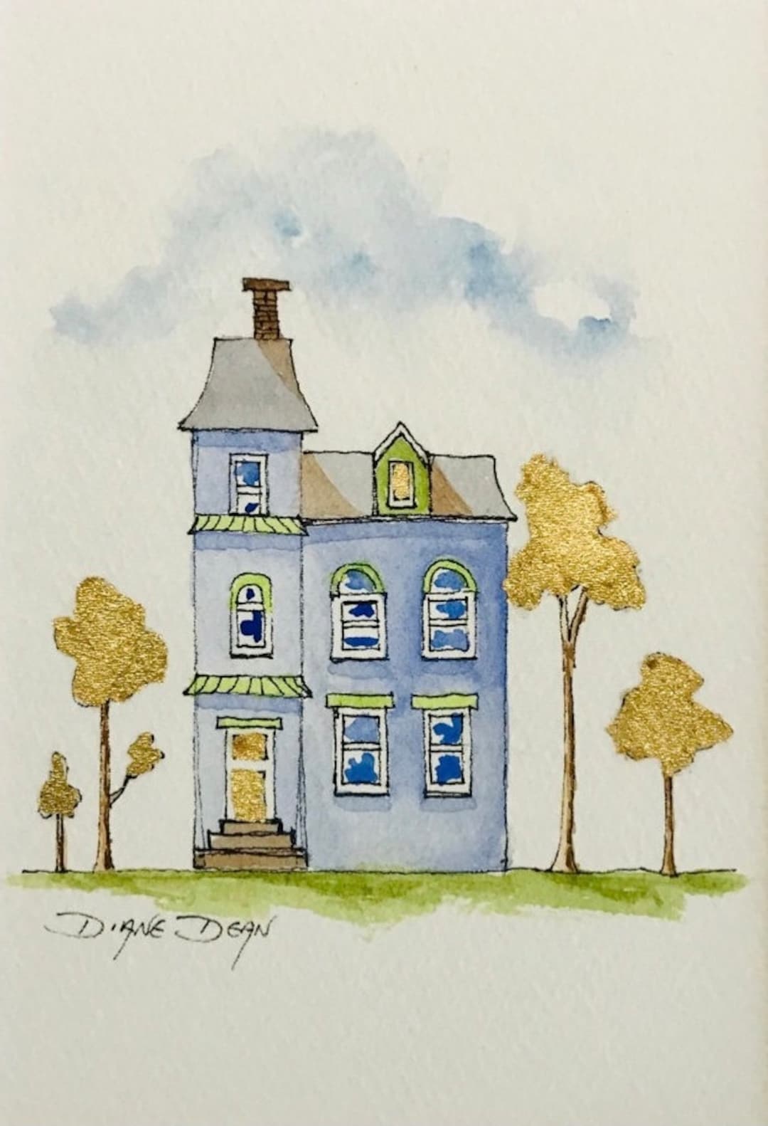 Whimsical House Watercolor and Ink Print, Cityscape Art Print, Urban ...