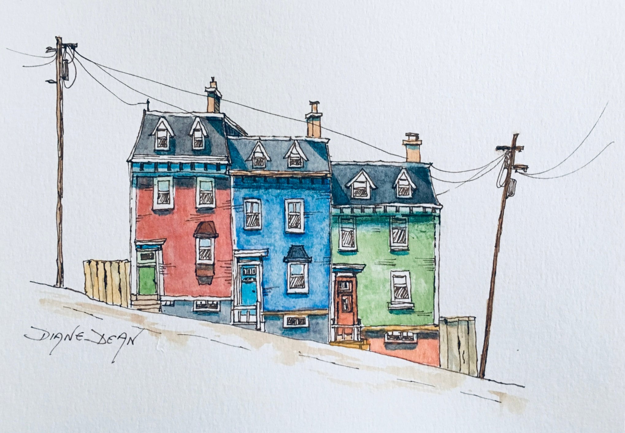 Impression à l'aquarelle de maisons en rangée de St. John's, la célèbre ...