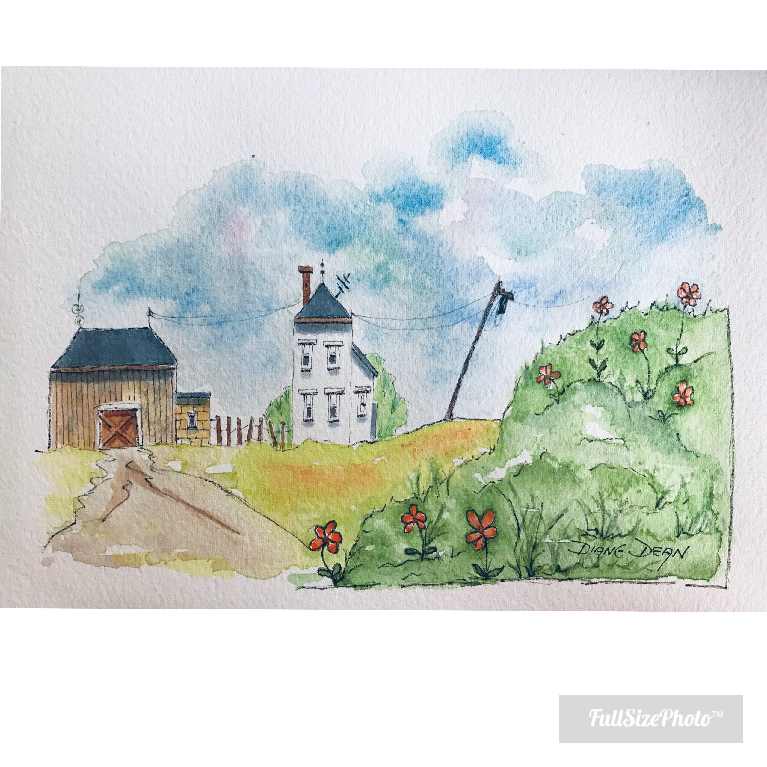 Watercolor and Ink Landscape Print, Watercolor Barn, Watercolor Farm ...