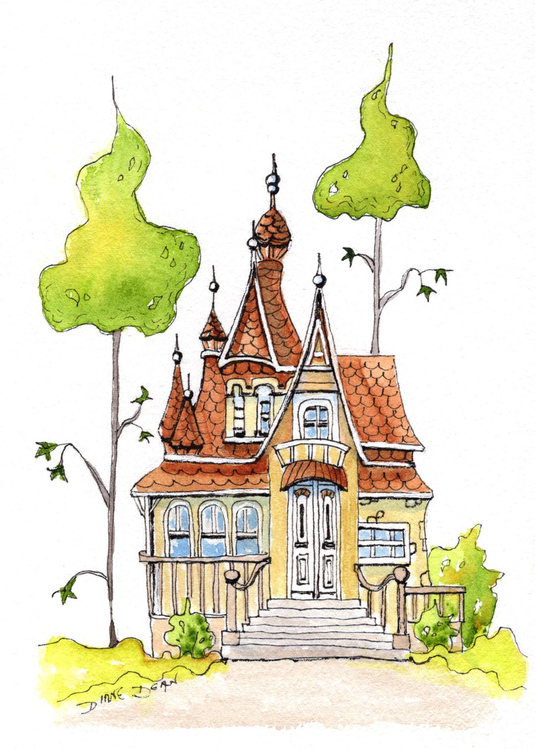 Storybook House in Pointy Tree Series Art Print, Mustard House, Pen and ...
