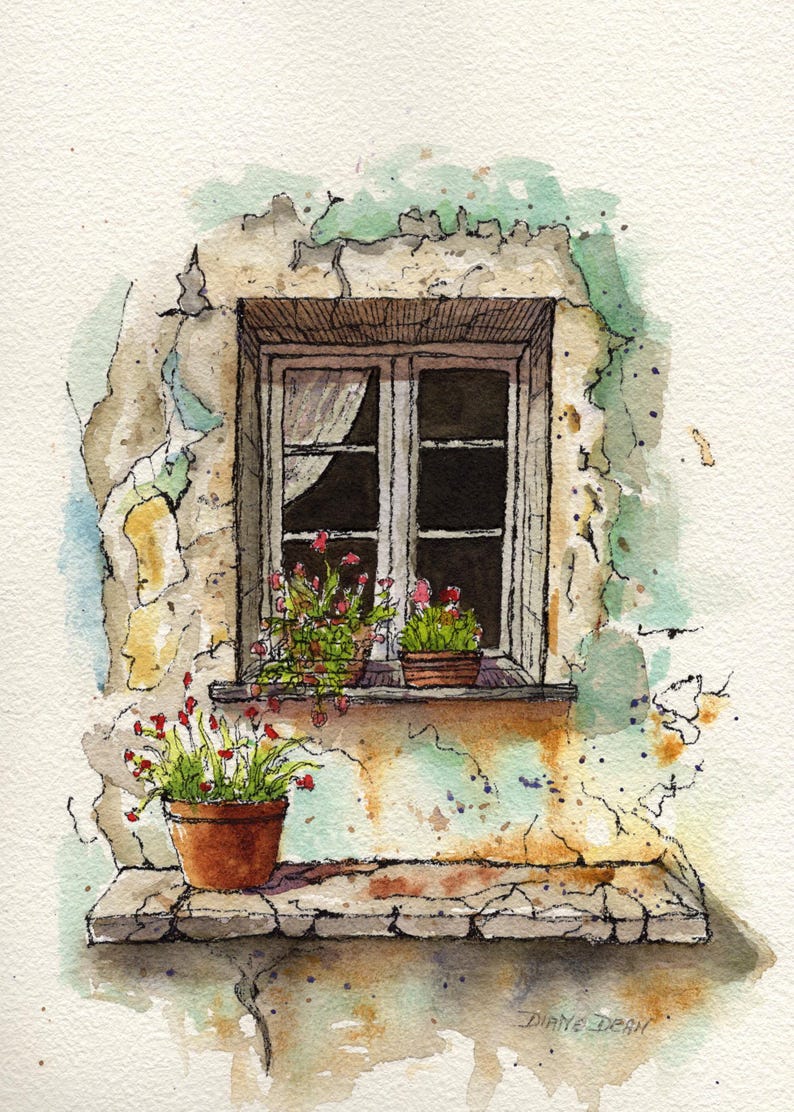 Vintage Old Window Art Print, Rustic Watercolor Aging Window Print ...