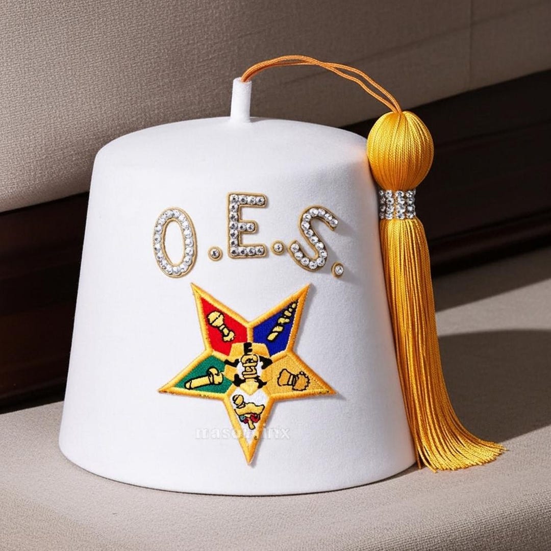 Order of the Eastern Star OES White Fez Hat | Rhinestone OES Letters ...