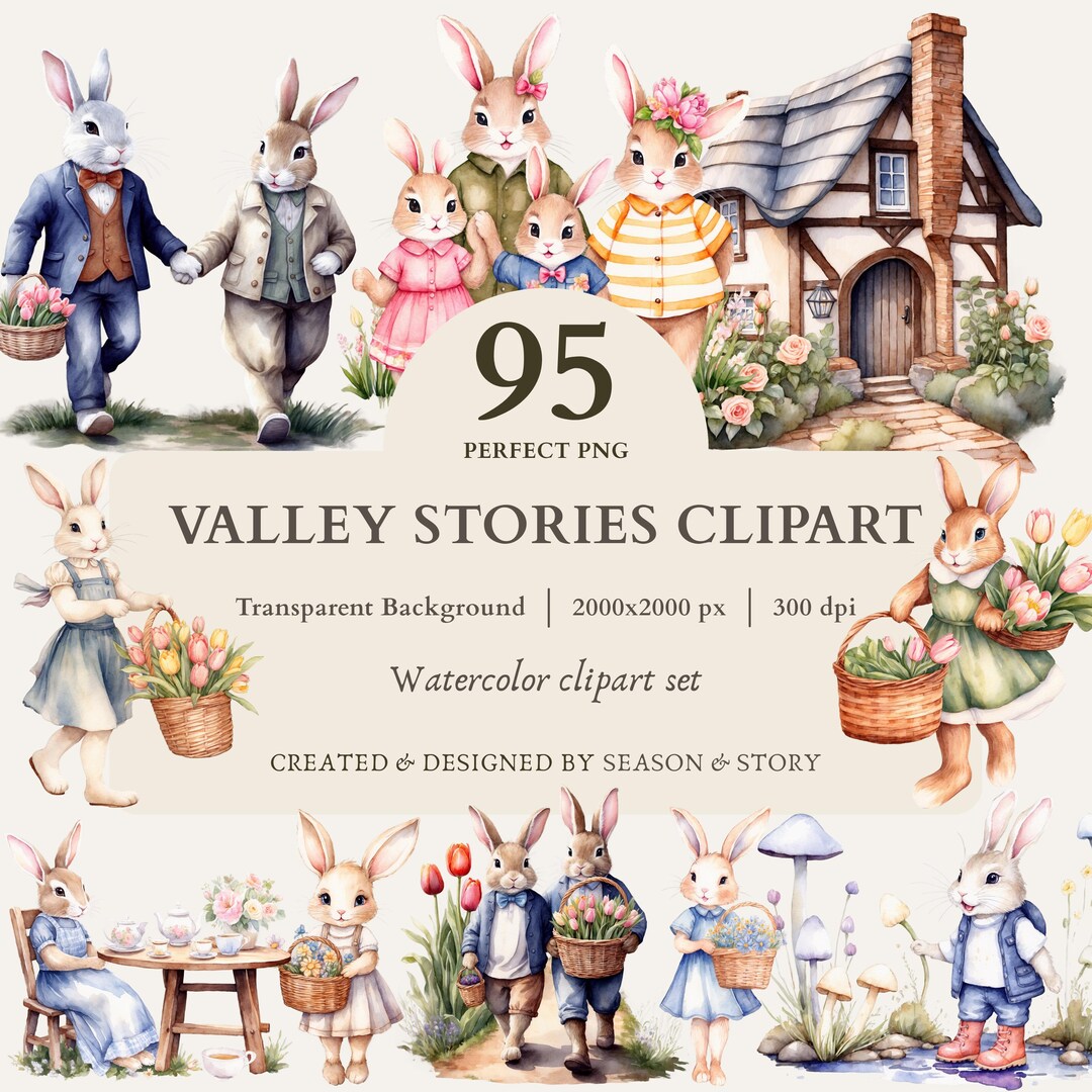 95 Valley Stories Clipart, Watercolor Bunny PNG, Vintage Rabbits ...
