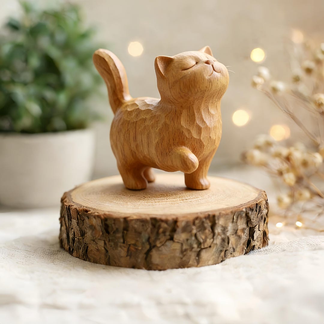 Hand Carved Wooden Cat Figurine, Handmade Wood Cat Decor, Cute Desk ...