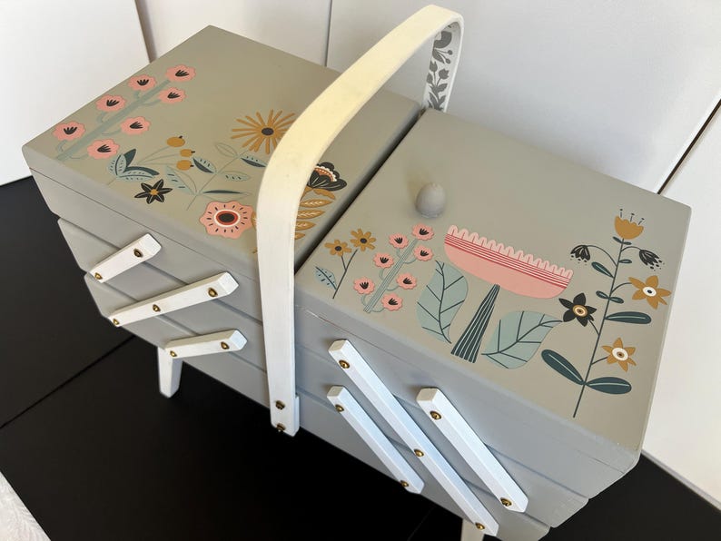 Magnificent Vintage Hand Painted Sewing Box OOAK Artist Handmade Filled ...