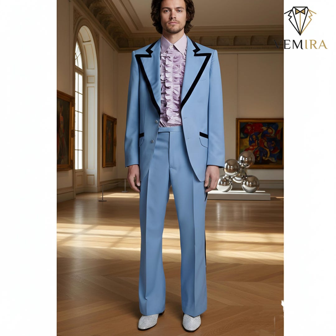 Men's Powder Blue Retro Suit | Black Contrast Lapel Blazer, Flared ...
