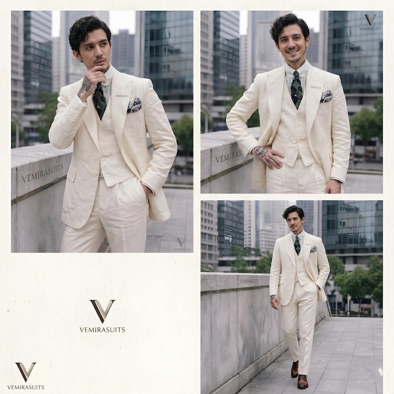 Men's Ivory 3-piece Linen Suit, Vintage Summer Formal, Old Money Style ...