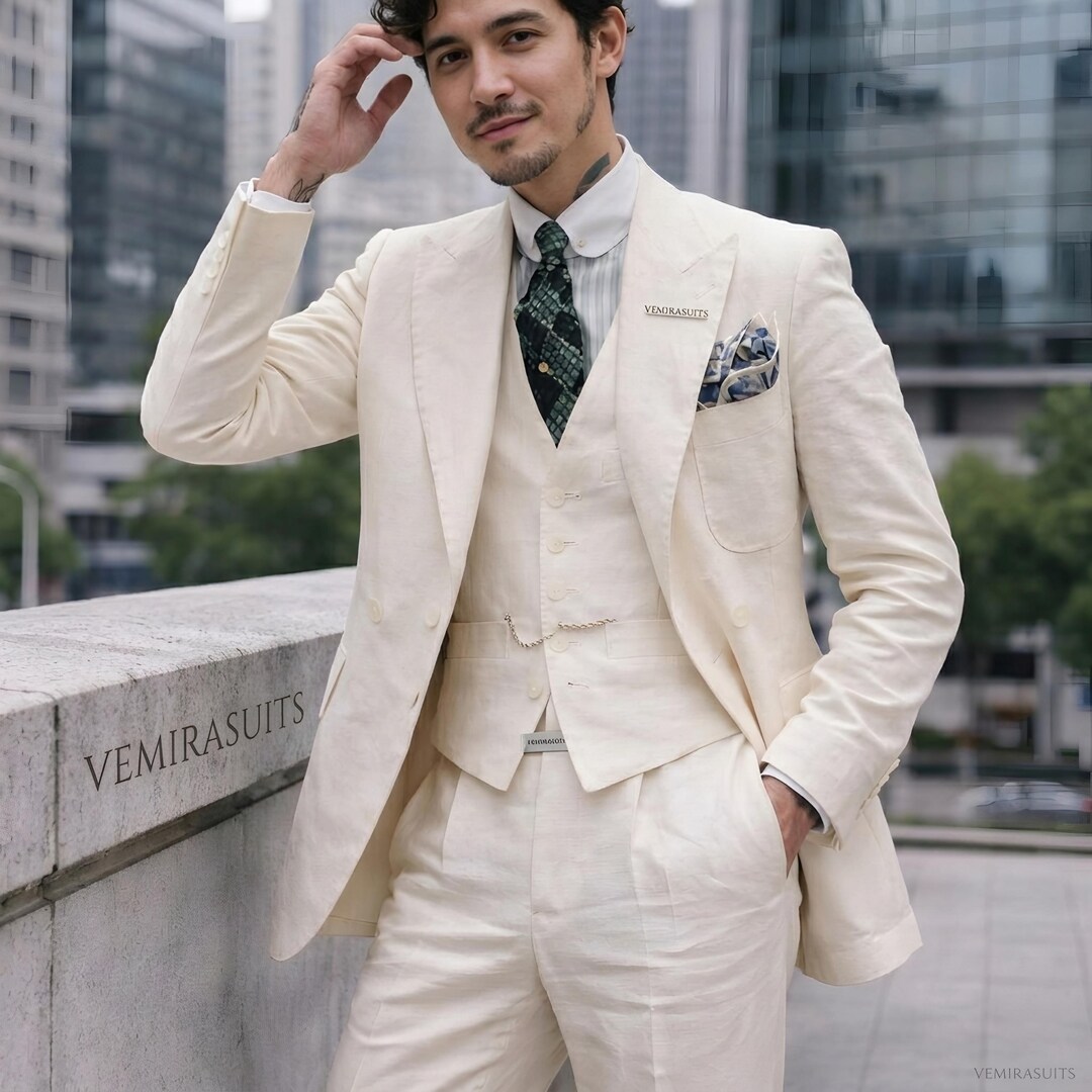 Men's Ivory 3-piece Linen Suit, Vintage Summer Formal, Old Money Style ...