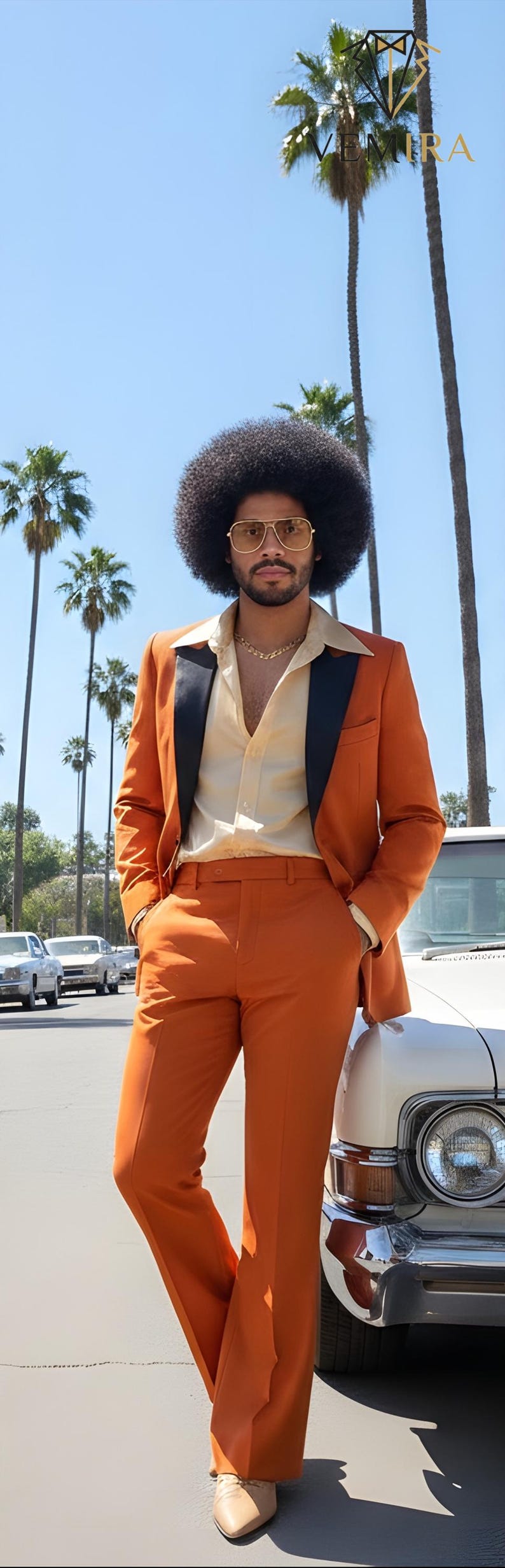Men's Burnt Orange Retro Suit | Black Contrast Lapel Blazer, Flared ...