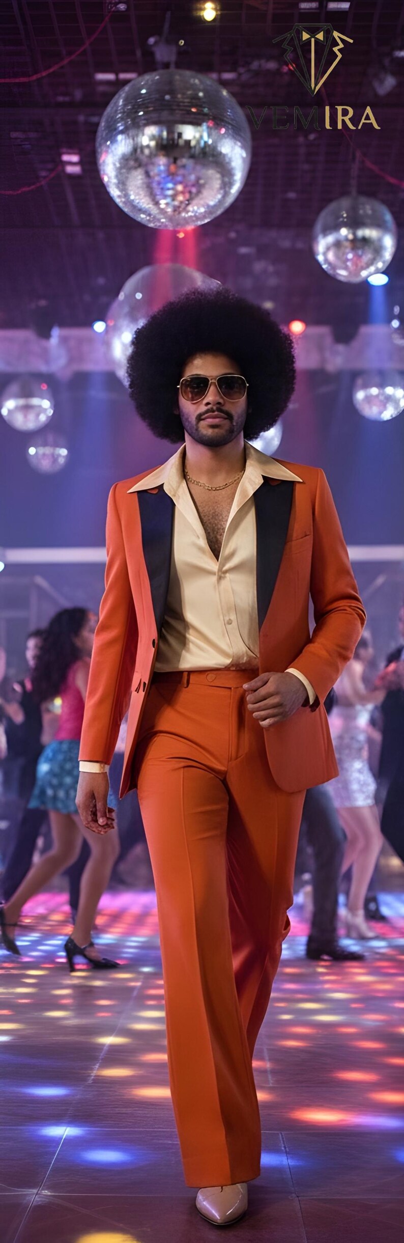 Men's Burnt Orange Retro Suit | Black Contrast Lapel Blazer, Flared ...