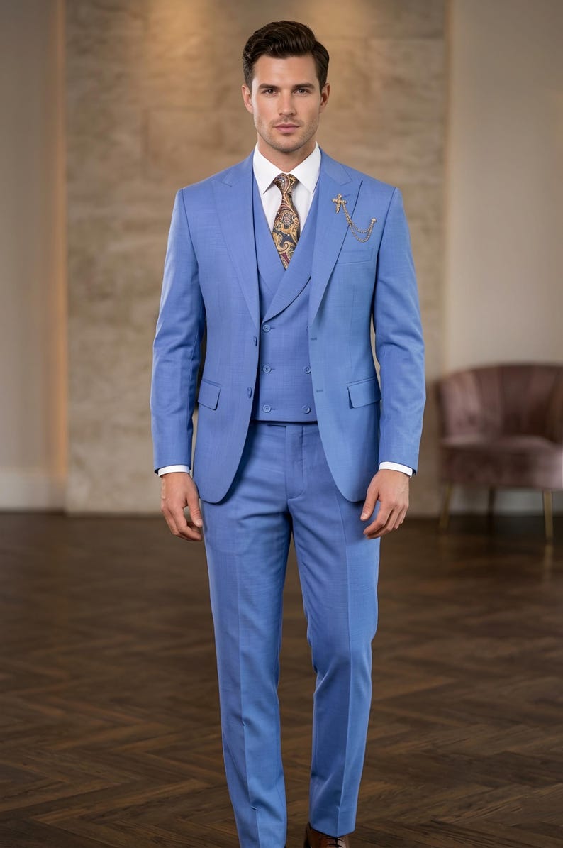 Men's Royal Blue 3-piece Suit | Double Breasted Vest Wedding Groom ...