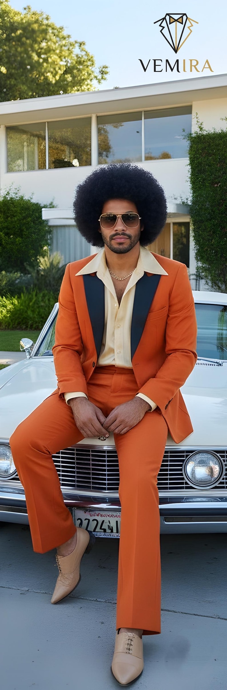 Men's Burnt Orange Retro Suit | Black Contrast Lapel Blazer, Flared ...