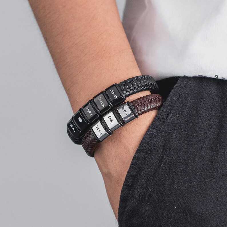 Personalized Leather Bracelet for Men, Custom Name Bead Bracelet, Gift ...