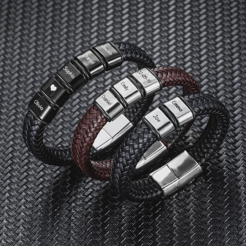 Personalized Leather Bracelet for Men, Custom Name Bead Bracelet, Gift ...