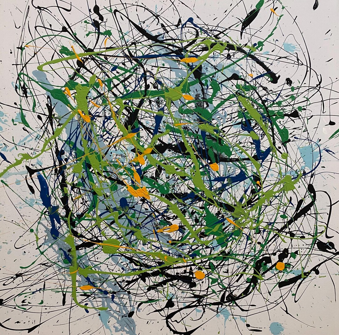 Large Abstract Action Painting – Blue, Green,yellow – Acrylic on Canvas ...