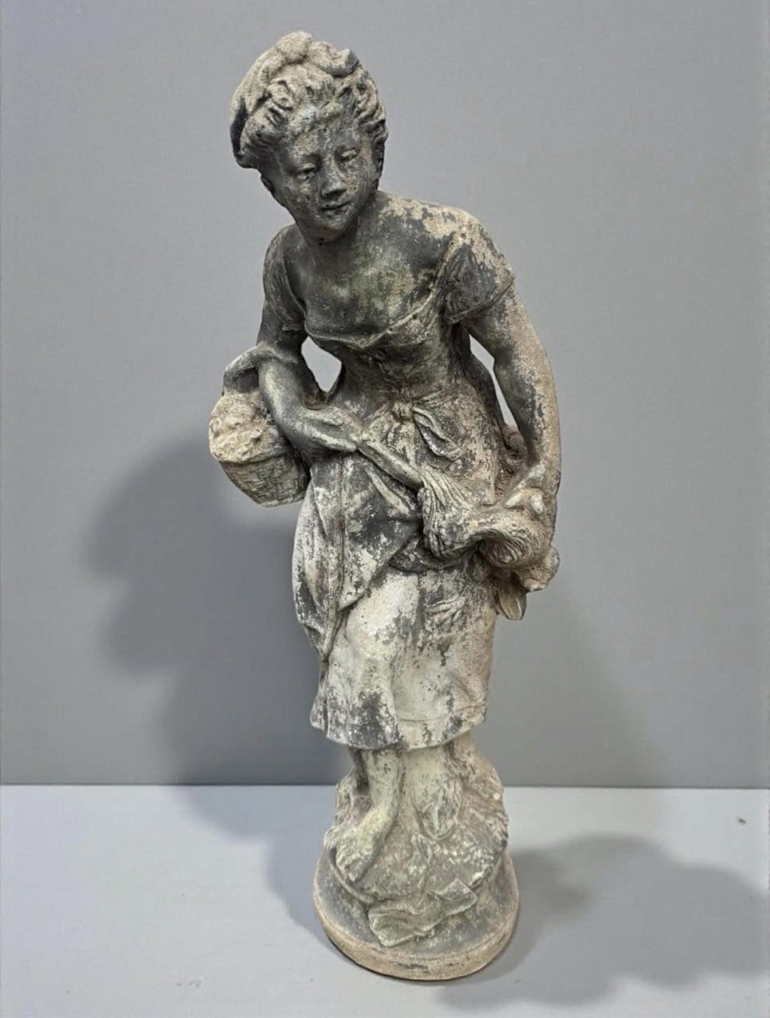 Antique 30” Cast Stone Garden Statue - Peasant Girl W/ Hen & Basket - Etsy