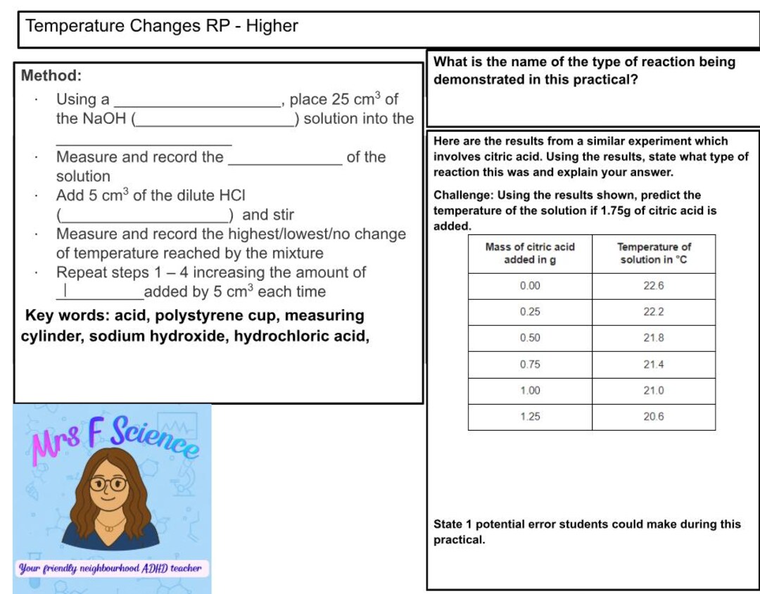 GCSE TEMPERATURE CHANGES Required Practical Worksheet With Answers - Etsy