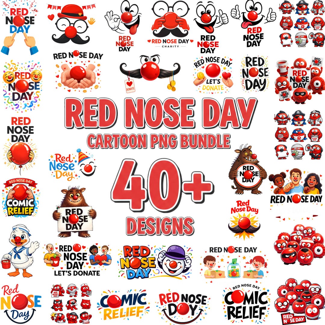 Red Nose Day Cartoon PNG Bundle | 40+ Comic Relief Designs (digital ...