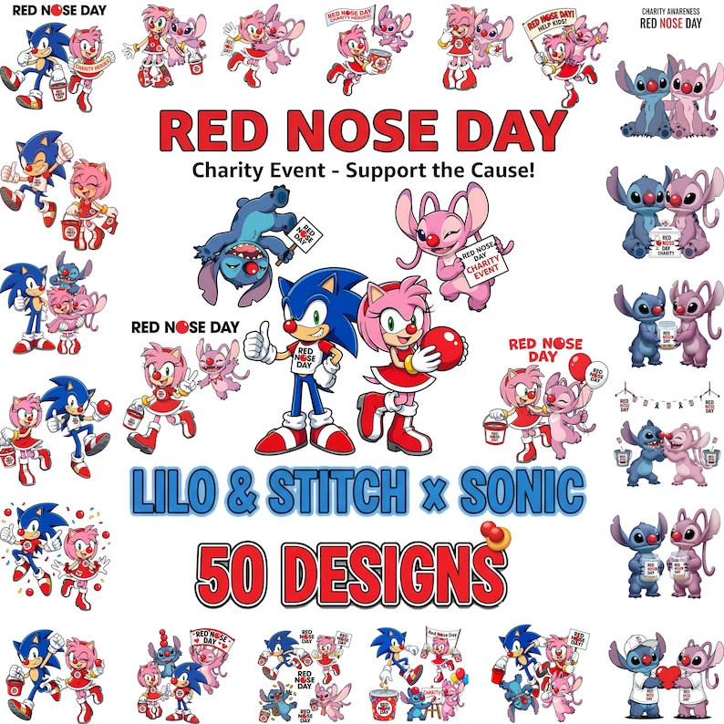 Lilo Stitch Sonic Red Nose Day PNG Bundle, 50 Cartoon Clipart Designs ...