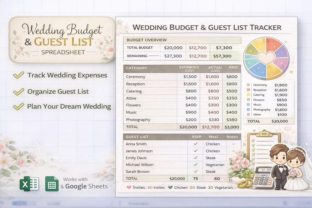 Simple Wedding Budget and Guest List Tracker Spreadsheet - Etsy