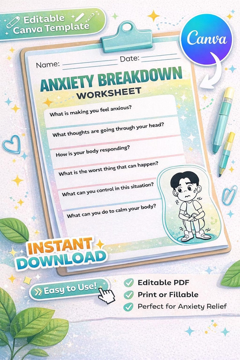 Anxiety Log Printable | Anxiety Breakdown Worksheet | Mental Health ...