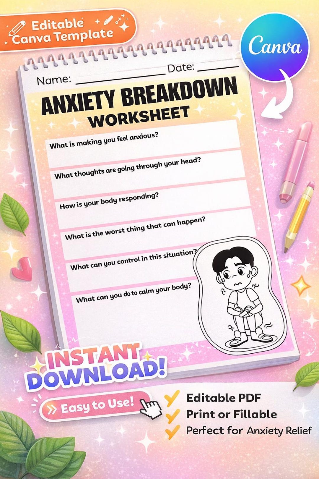 Anxiety Log Printable | Anxiety Breakdown Worksheet | Mental Health ...