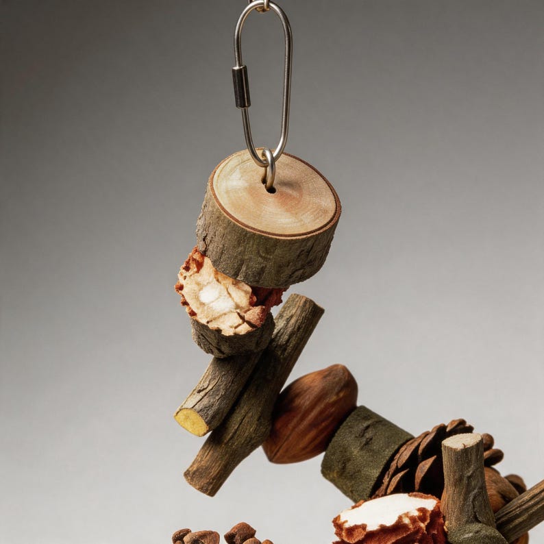 Handmade Natural Nut & Wood Parrot Chew Toy | Hanging Foraging ...