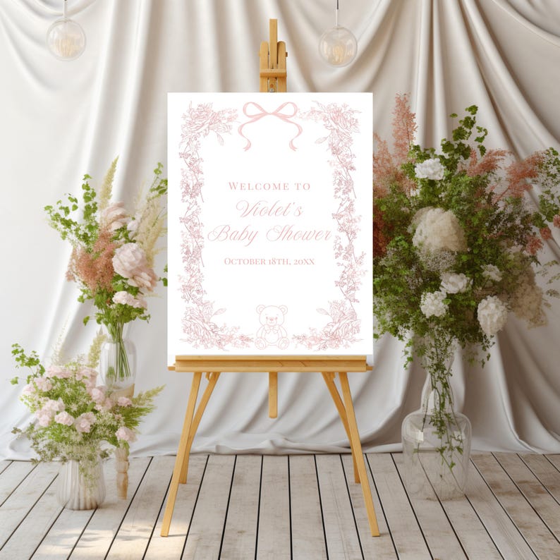 Editable Pink Toile Baby Girl Shower Welcome Sign, Vintage Floral Bow ...