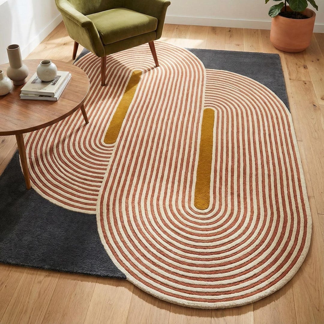 Stract Arch Tufted Rug, Terracotta & Mustard Wool Area Rug, Retro Mid ...