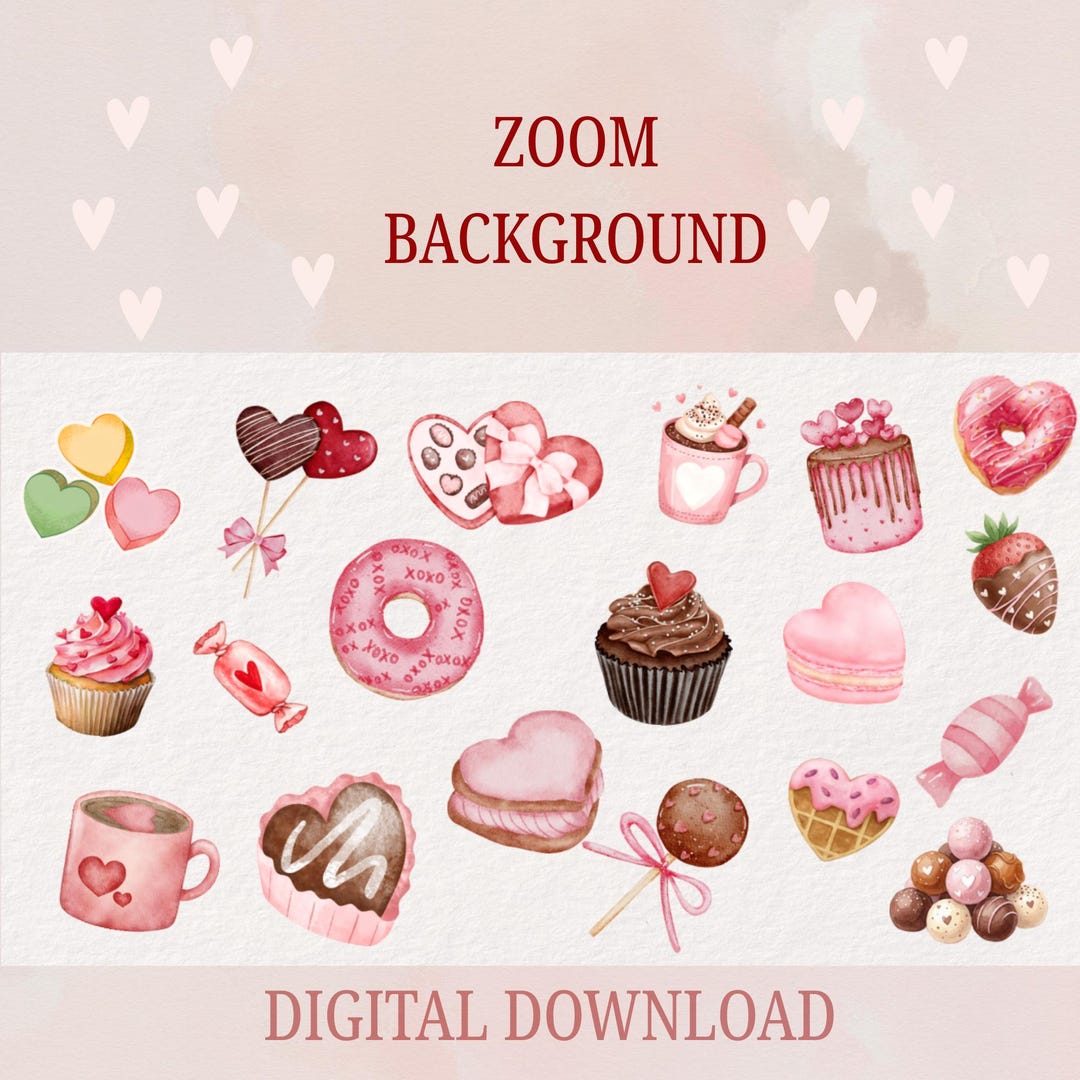 Valentine Zoom Background Download | Watercolor Pink Desserts & Hearts ...