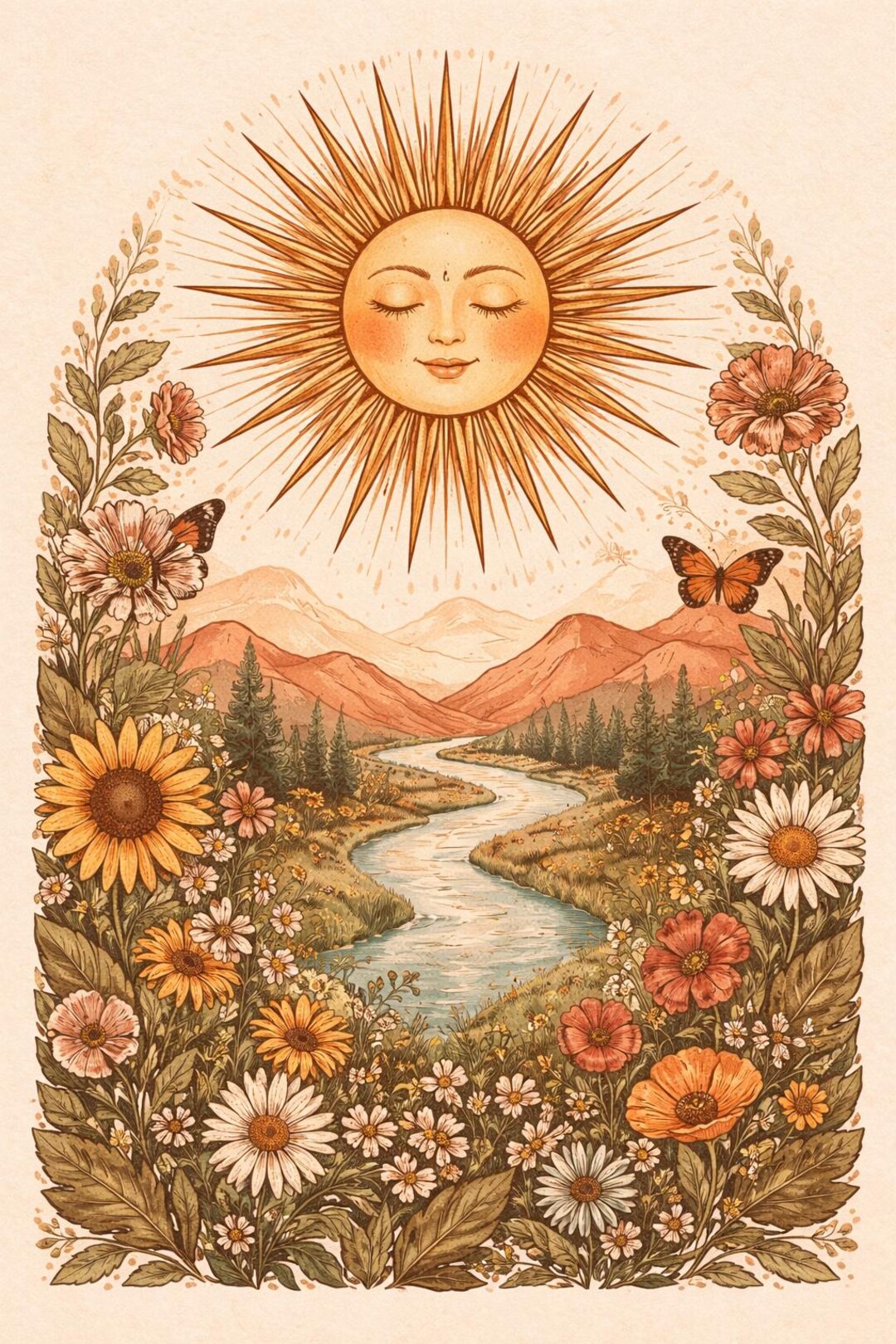 Boho Sun Wall Art Printable, Celestial Botanical Digital Instant ...