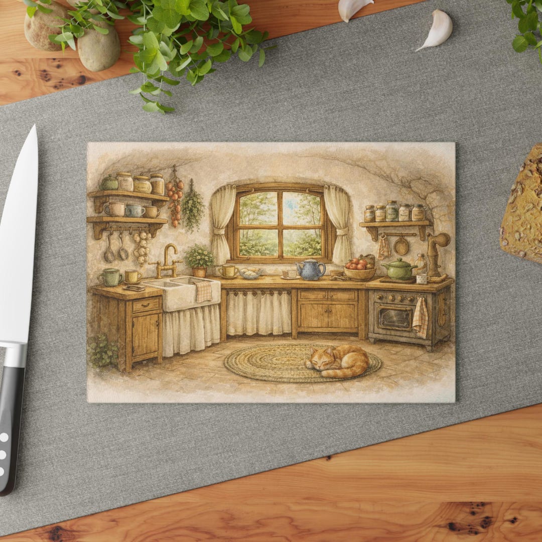 Mushroom Cottage Kitchen Glass Cutting Board | Cottagecore Woodland Art ...