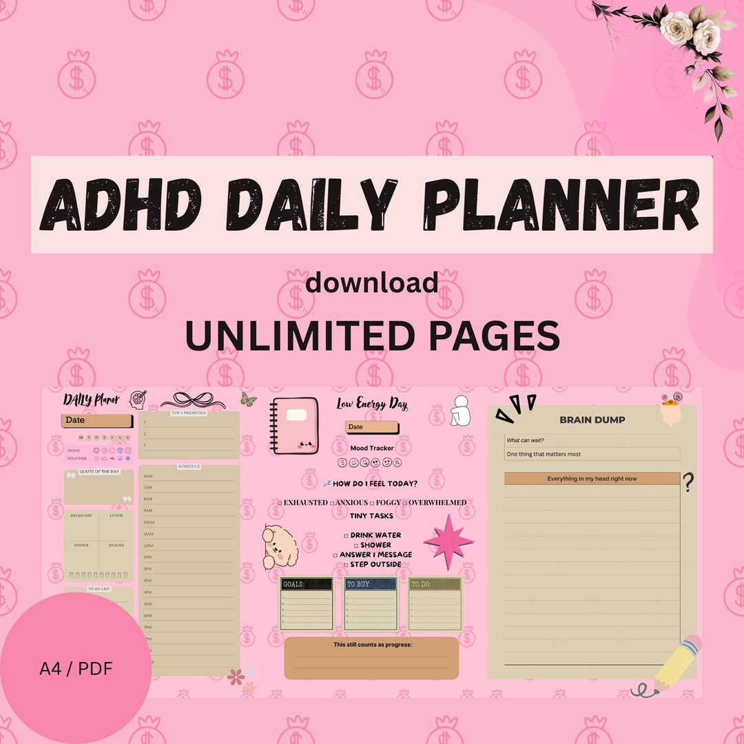 ADHD Daily Planner Printable | Unlimited Pages | Pink A4 PDF | Digital ...