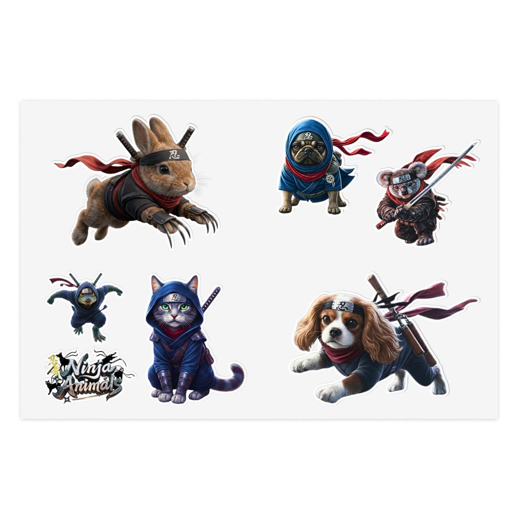 Ninja Animals Sticker Sheet | Ninja Dog, Cat, Crocodile, Koala and ...