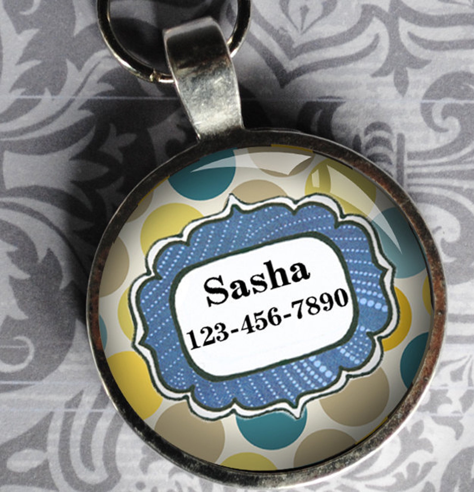 Pet Id Tag Blue and Yellow Polka Dotted Colorful Round Dog Tag 35mm ...