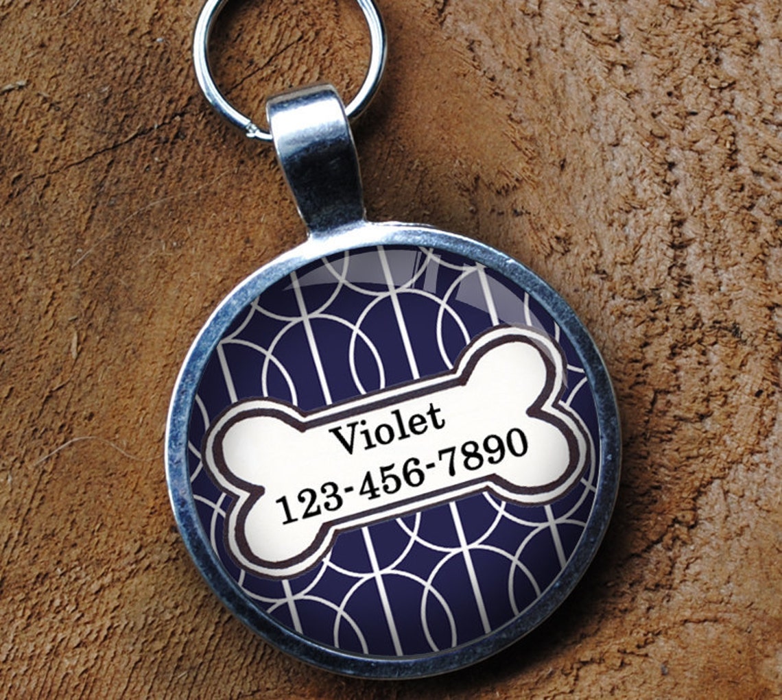 Pet Id Tag Deep Purple and White Patterned Colorful Round Dog Tag Round ...
