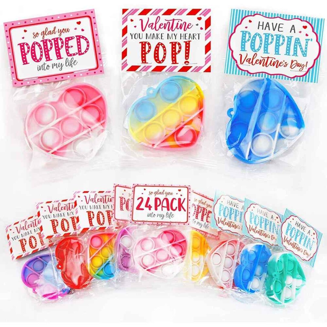 Valentine Fidget Bubble Keychain Set 24 Pack With Cards, Heart Sensory ...