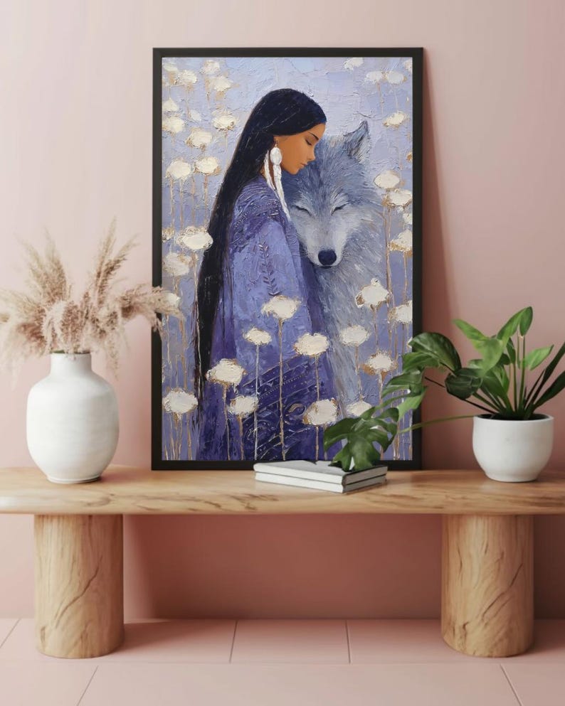 Mystical Native American Woman and Wolf Framed Poster, Indigenous Fine ...