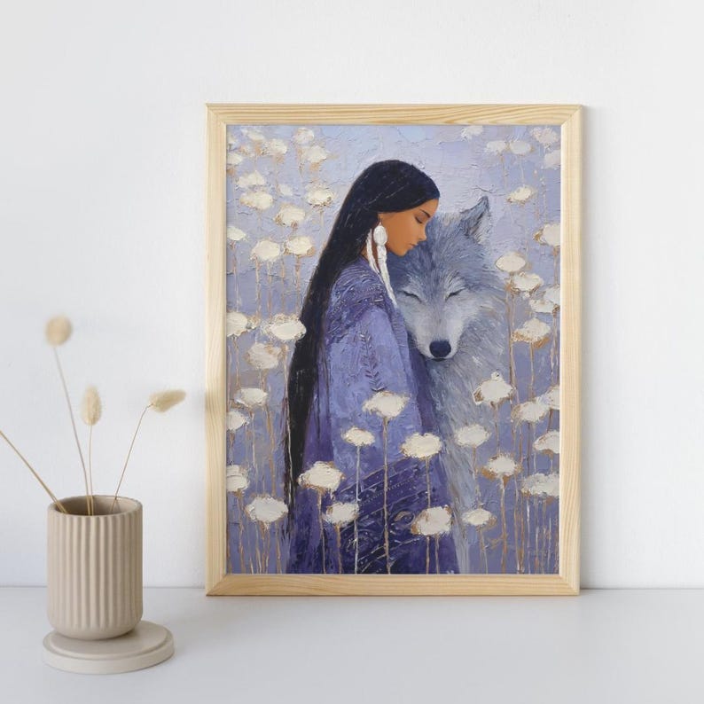 Mystical Native American Woman and Wolf Framed Poster, Indigenous Fine ...