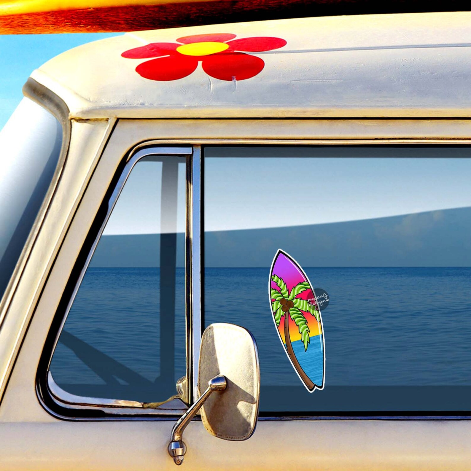 Sunset Surfboard Car Decal Colorful Bumper Sticker Beach Palm Tree Cute ...