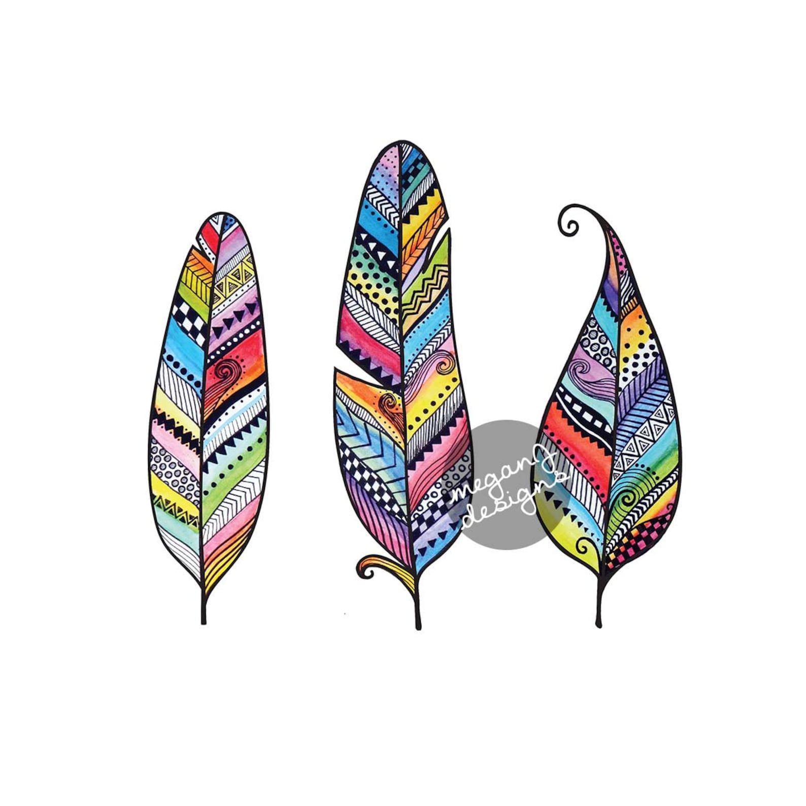 Set of 3 Feather Car Decals - Colorful Tribal Vinyl Feather Stickers ...