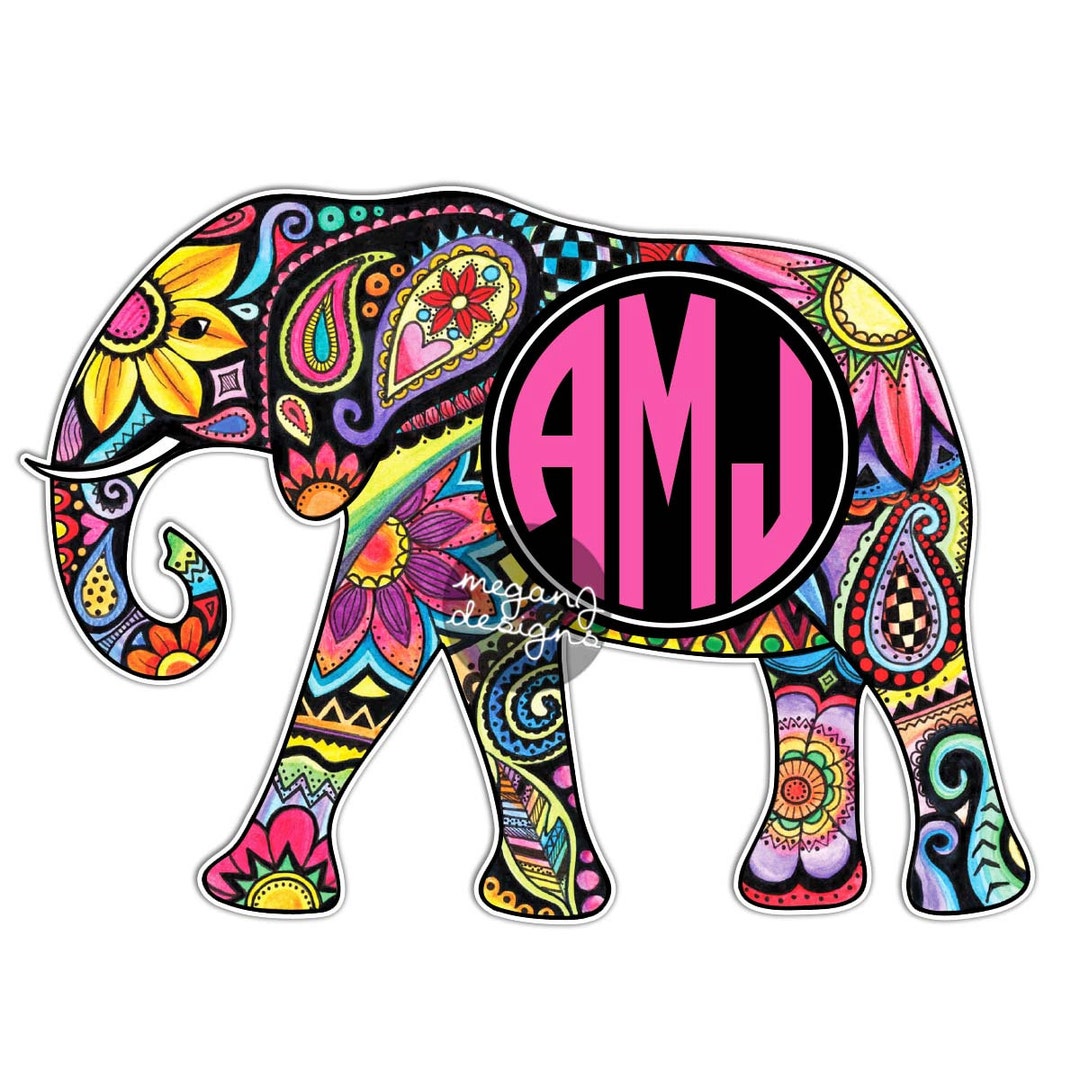 Custom Monogram Elephant Sticker - Colorful Design Cute Car Decal ...