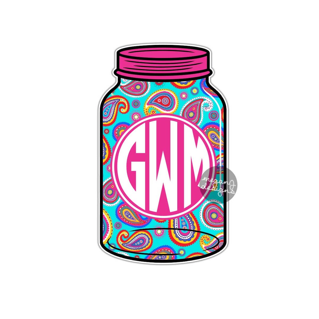 Custom Monogram Mason Jar Sticker - Colorful Paisley Design Cute ...